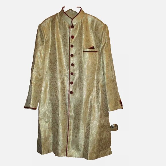 Jackets & Coats | Gold Brocade Duster Jacket Red Velvet Trim L Side ...